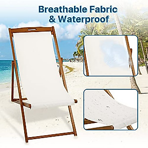 Beach Sling Chair Set of 2, Outdoor Folding Wood Beach Chair with White Polyester Canvas, 3 Level Adjustable Height Patio Lounge Chair