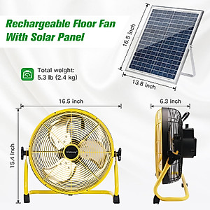 blessny 12" Rechargeable Floor Fan with 20W Solar Powered, 15000 mAh Solar Battery Operated Fan for Outdoor Camping, All Metal Sturdy Portable Fan with 5-30 Hours Running Time, 40dB Quiet Operation