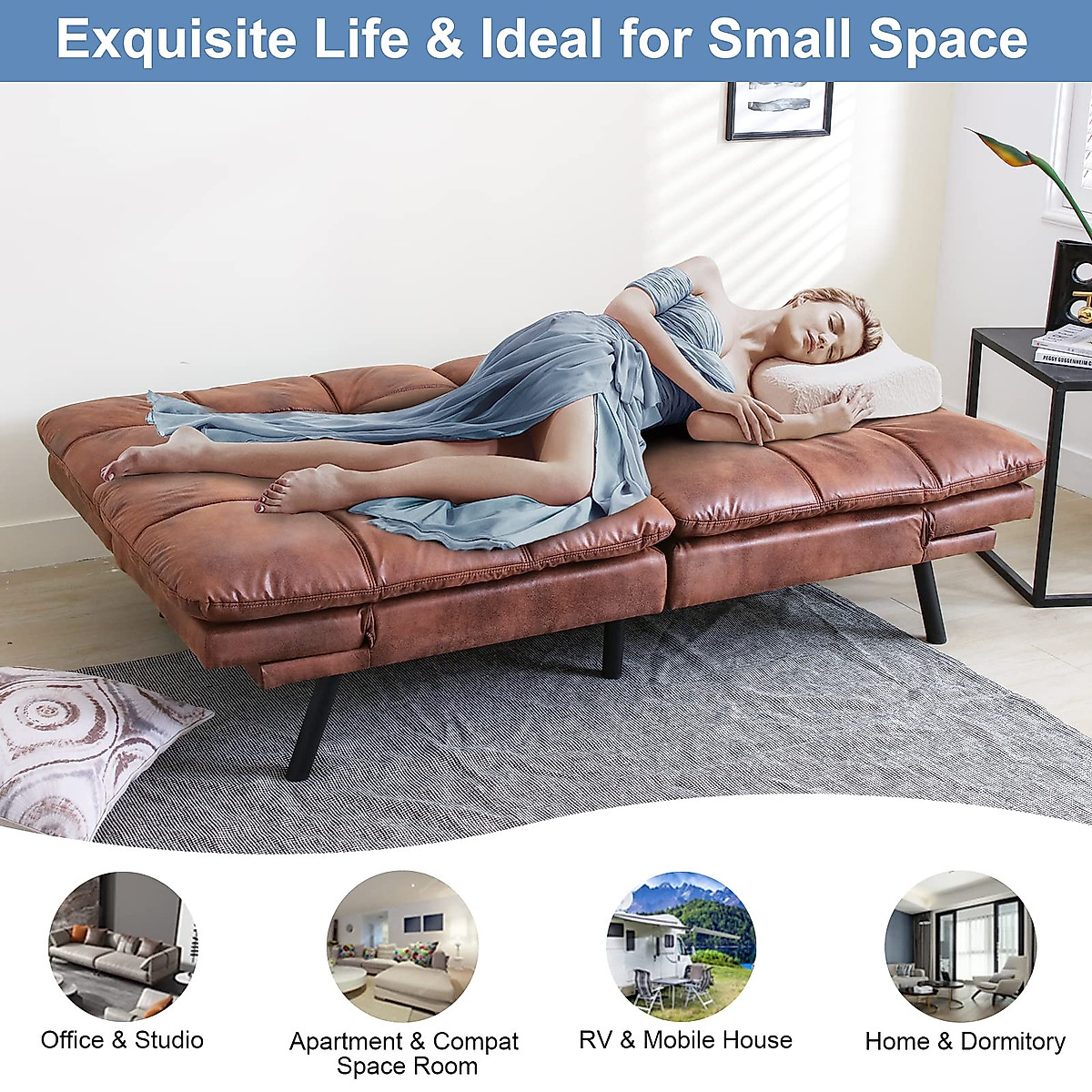 MUUEGM Futon Sofa Bed Faux Leather Memory Foam Couch Futon Sets,Convertible Sleeper Sofa for Living Room,Modern Daybed w/Removable Armrests,Love seat for Compact Living Space,Brown