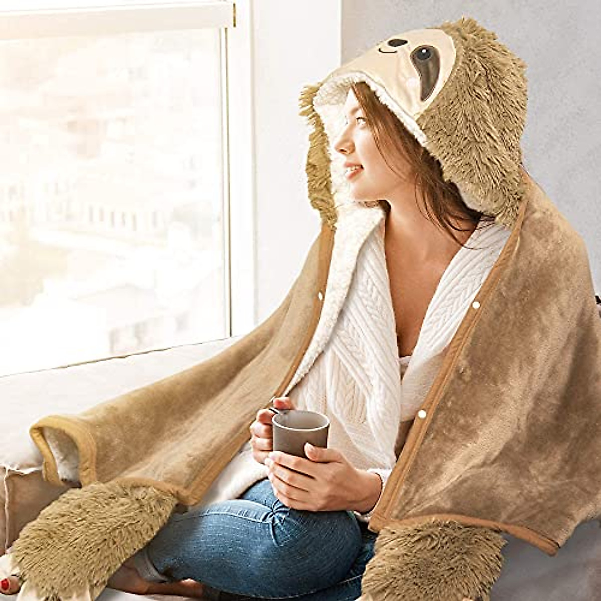 Sloth Wearable Hooded Blanket for Adults - Super Soft Warm Cozy Plush Flannel Fleece & Sherpa Hoodie Throw Cloak Wrap - Sloth Gifts for Women Adults and Kids (Brown)