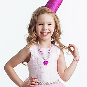 PinkSheep Beads Necklace and Bracelet for Kids, 3 Sets, Little Girls Jewelry Necklace and Bracelet with Heart Pendant, Dress Up Pretend Play Party Favor