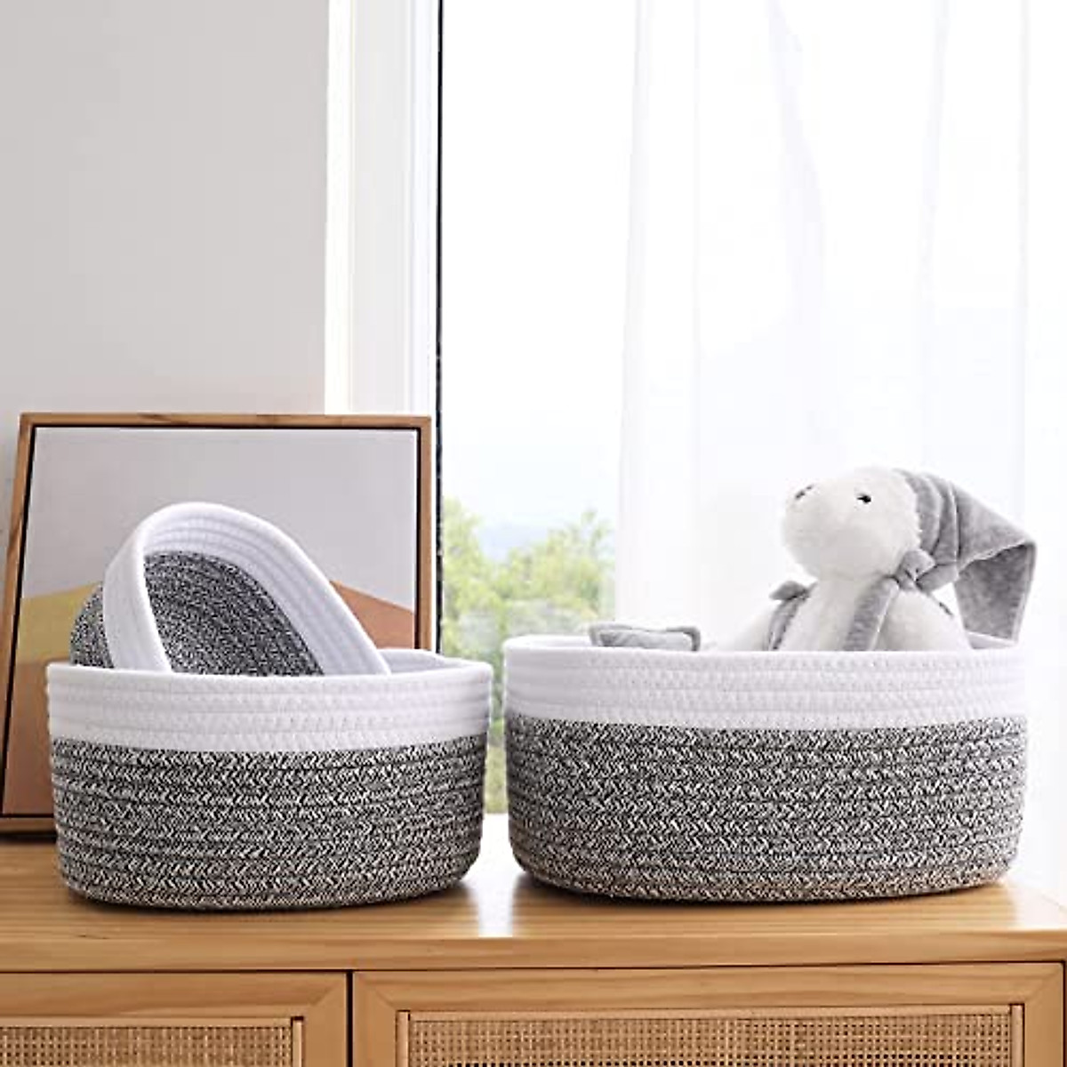 LA JOLIE MUSE Rope Storage Baskets for Organizing, Multipurpose Collapse Storage Basket Set of 3, Medium Cotton Basket Bins for Shelves Nursery Baby Toys, White & Gray