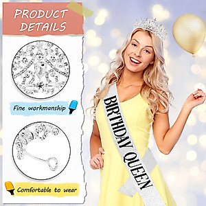 Birthday Crown Sash for Women Happy Birthday Queen Sash Crystal Birthday Tiara Crowns for Girls Rhinestones Headband Gift Party Birthday Decoration Set (Silver) Summer