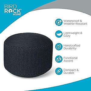 BIRDROCK HOME Outdoor Pouf Ottoman | Hand Woven Waterproof Foot Stool with Bead Bag Filling | Boho Foot Rest for Patio, Living Room, Porch & Outdoor Seating | Lightweight, Soft Stuffed Chair | Navy