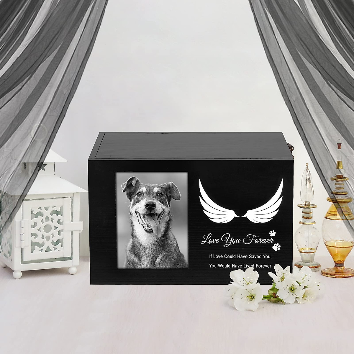 Woiworco Pet Urns for Dogs Ashes, Large Wooden Funeral Cremation Urns with Photo Frame, Memorial Keepsake Box with Black Flannel as Lining, Urn for Dog or Cat Ashes, Loss Pet Memorial Remembrance Gift