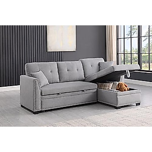 Generic Sleeper Sofa, Sofa Bed- 2 in 1 Pull Out Couch Bed with Storage Chaise with 2 Pillows for Living Room, Linen Fabric Sofa Sleeper with Pull Out Bed Couch,Light Grey