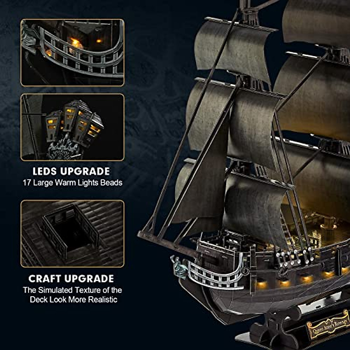 3D Puzzle for Adults Moveable LED Pirate Ship with Detailed Interior Decoration, Large Queen Anne's Revenge Desk Puzzles, Difficult 3D Puzzles with Lights Gifts for Men Women