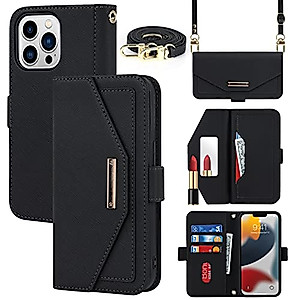 Jaorty Crossbody Wallet for iPhone 13 Pro Max Case with Adjustable Lanyard Strap Credit Card Holder 6.7",PU Leather Handbag Purse Kickstand Make Up Mirror Cover Case for Men Women Girl,Black