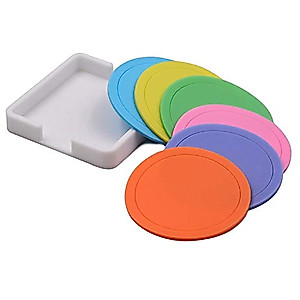TOSSOW Silicone Drink Coasters with Holder Set 3.5 Inches Flexible Heat Resistant Coaster Colorful Insulation Durable Non-Slip Thick Coffee Drinks Wine Cup Mat (6 Colors, 6 pcs)
