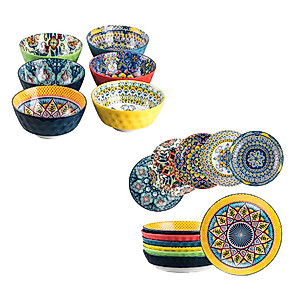 HENXFEN LEAD Ceramic Soup, Pasta Bowls Bundle - Colorful Bowls for Kithchen, Dinner, Eating -Bohemian Style