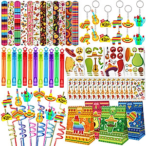 Erweicet Fiesta Party Favors 84 PCS Fiesta Mexican Theme Slap Bracelets DIY Stickers Tattoo Stickers Keychains Straws Gift Bags for Cinco De Mayo Theme Birthday Party Baby Shower