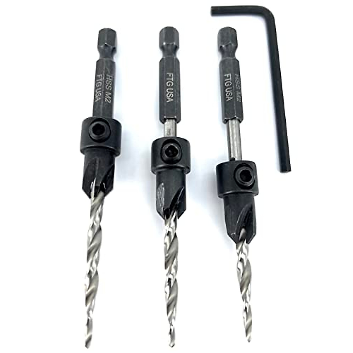 FTG USA Countersink Drill Bit Set 3 Pc #8 (11/64") Countersink Drill Bit with Tapered Drill Bits, Quick Change Hex Shank Countersink Bit, 1 Hex Wrench, Counter Sinker Drill Bit Set for Woodworking