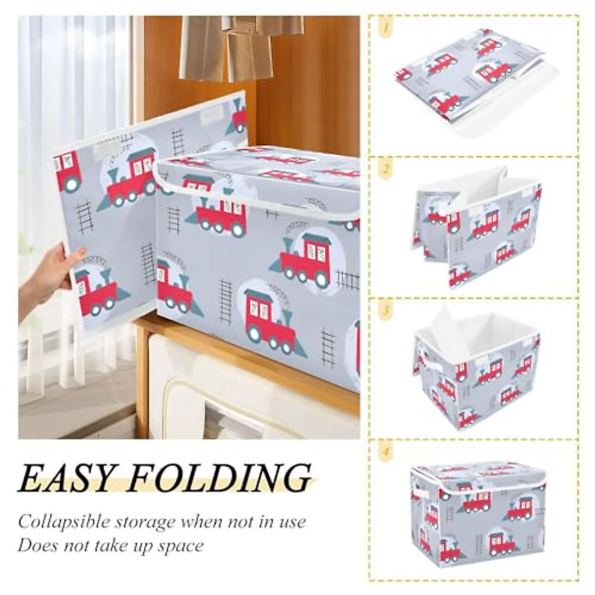 Krafig Toy Trains Foldable Storage Box Large Cube Organizer Bins Containers Baskets with Lids Handles for Closet Organization, Shelves, Clothes, Toys