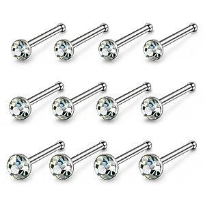 JEWELRIESHOP 60pcs Nose Ring Studs Stainless Steel CZ Nose Piercing Jewelry Bone Studs for Women Men Hypoallergenic 22G (1.6mm-2.5mm,White CZ)