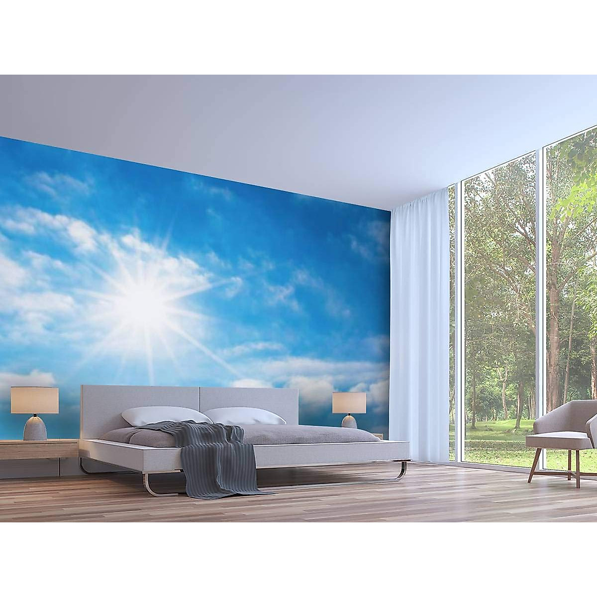 3D Wallpaper The Sun with Bright Rays in The Blue Sky with White Light Clouds Self Adhesive Bedroom Living Room Dormitory Decor Wall Mural Stick and Peel Background Wall Ceiling Wardrobe Sticker