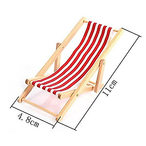 KODORIA 3pcs 1:12 Miniature Foldable Wooden Beach Chair Mini Deck Chair Longue Deck Chair Mini Furniture Accessories with Red/ Blue Stripe for Indoor Outdoor