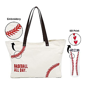 YHSHYZH Oversize Baseball Mom Tote Bag Embroidery Baseball seams Prints Purse Utility Shoulder HandBag Cotton Canvas Sports Travel Stuff Beach Bags Gifts for Women Men Kids(X-large white) …