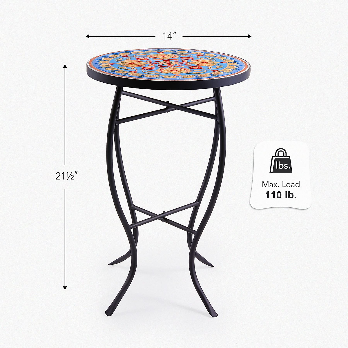 VONLUCE 21" Mosaic Plant Stand, 14 Inch Round Side Table with Ceramic Tile Top, Indoor and Outdoor Accent Table, Outdoor Patio Furniture, End Table for Garden Patio Living Room More, Blue
