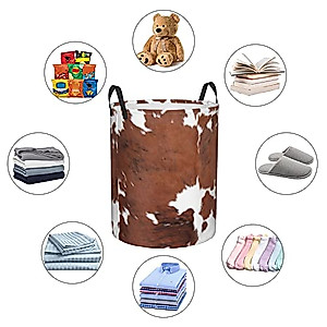 Western Cow Print Laundry Hamper - Brown Cowhide Basket with Handles Animal Skin Pattern Washing Bucket Foldable Dirty Clothes Toys Storage Bag Organizer for Girls Women Bedroom Bathroom Dorm