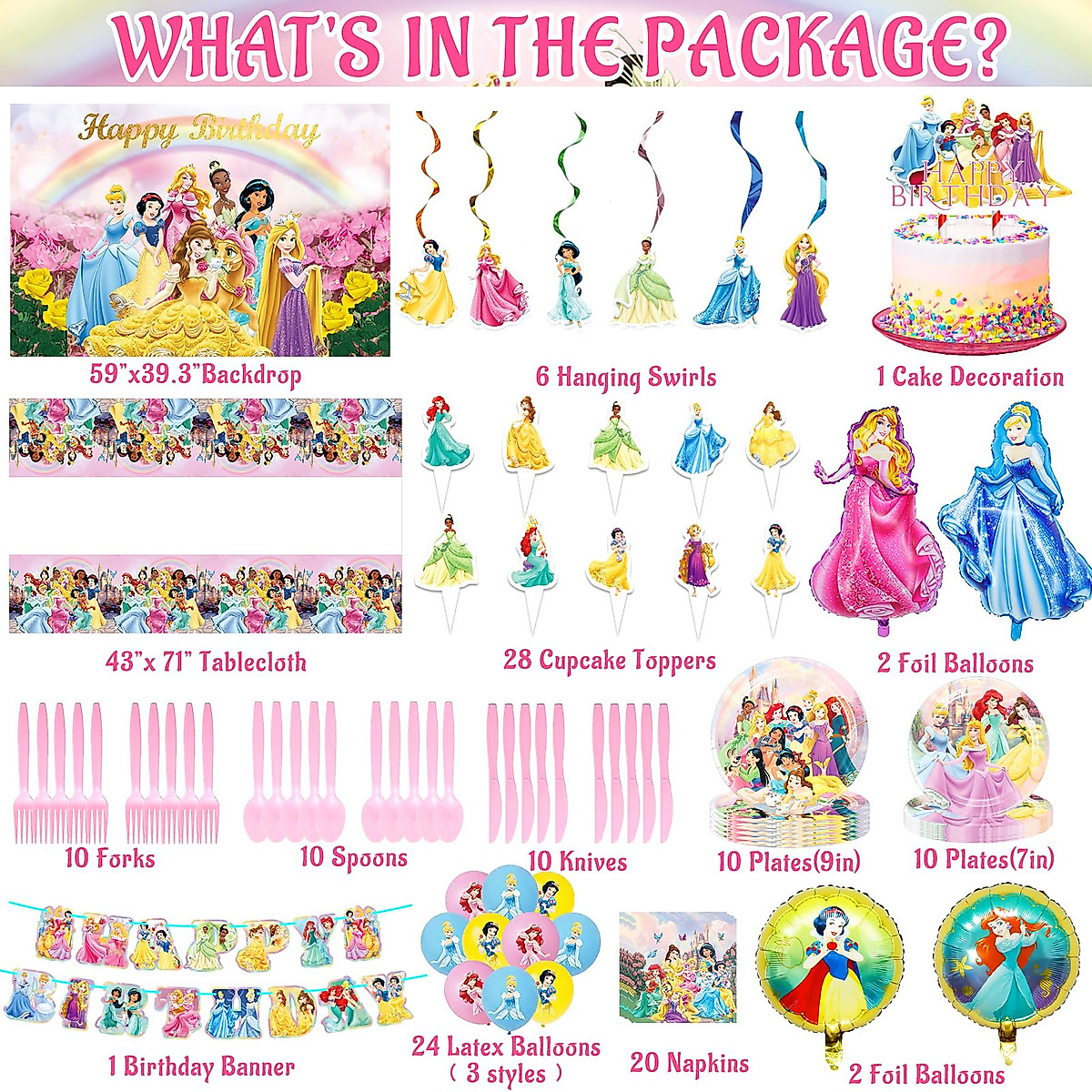 Princess Party Decorations - Princess Birthday Decorations include Banner Tablecloth Backdrop Ballons Cake Cupcake Toppers Tableware Haning Swirls, Princess Birthday Party Supplies
