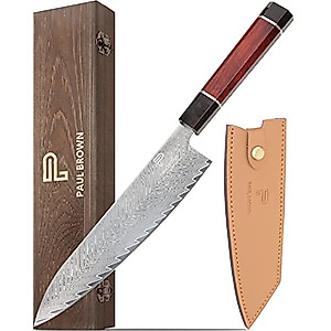 Paul Brown's™ 8 inch Professional AUS-10 Damascus 67 Layers Steel Kitchen Chef Knife with wooden handle Pine wood gift box and leather sheath
