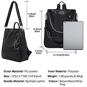 FOXLOVER Fashion Anti Theft Backpack Purse for Women, Large Convertible Travel Work College Ladies Leather Shoulder Bag (Black)