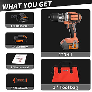 KAFUWELL Cordless Drill Set, 3-in-1 20V Power Drill with Battery and Charger, 1/2” Metal Chuck, 710 In-lbs Torque, 2 Variable Speeds, 20+3 Hammer Drill Driver