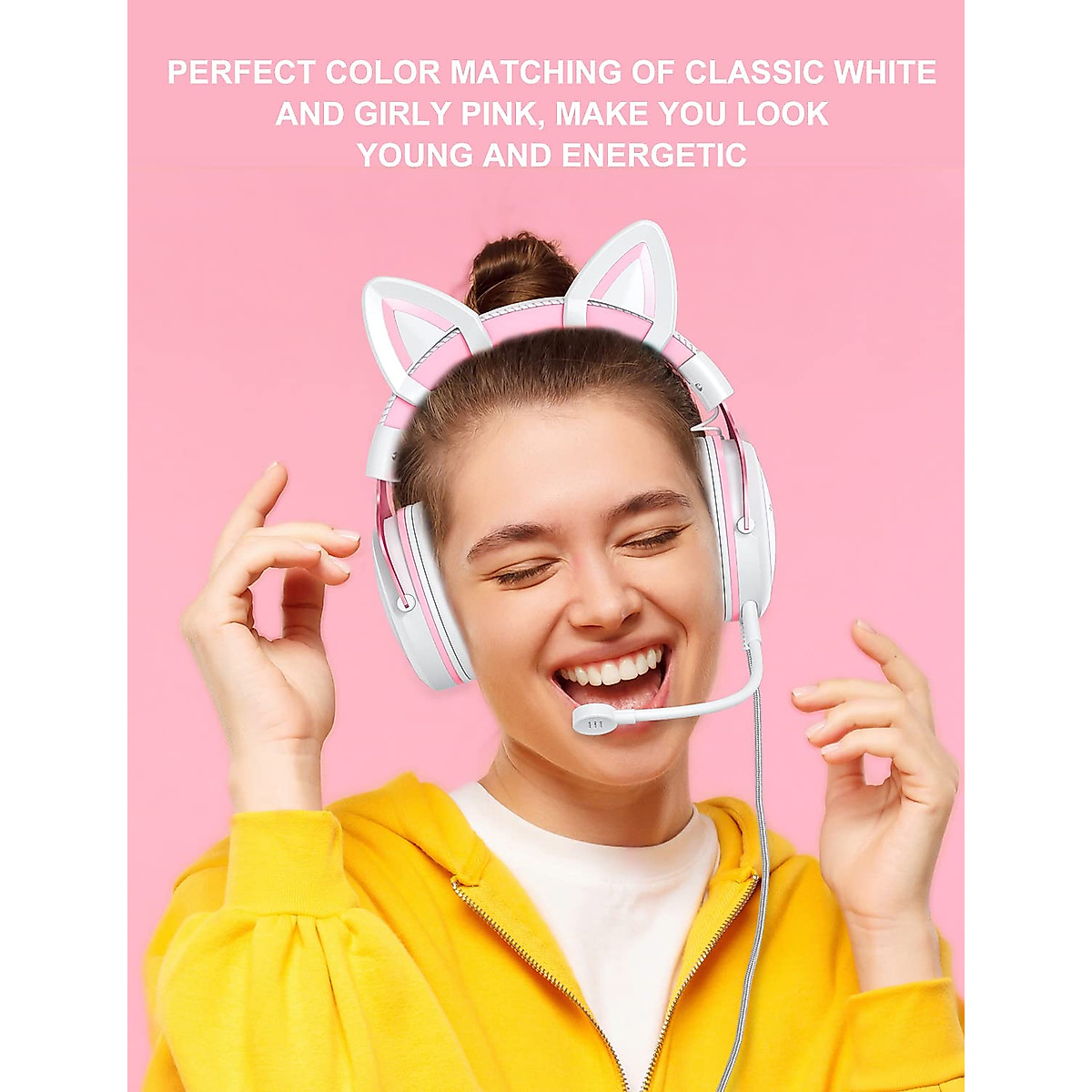 PHNIXGAM Cat Ear Gaming Cute Headset, Wired Over-Ear Headphones with Noise Cancelling Microphone, Surround Sound, LED Backlight for PS4, PS5, Xbox One(No Adapter), PC, Mobile Phone, White & Pink