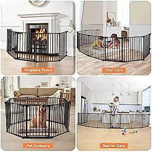 COMOMY 198" Baby Gate Extra Wide, Dog Gate Pet Gate for House Stairs Doorways Fireplace, Adjustable 3 in 1 Play Yard Child Safety Gate, Auto Close, Hardware Mounted (30" Tall, Black)