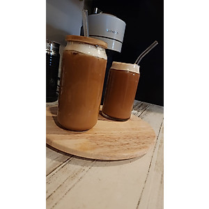 16 oz Glass Cups With Bamboo Lids And Glass Straw And Brush to clean -Beer Can Shaped Drinking Glasses, Iced Coffee Glasses, Cute Tumbler Cup for Smoothie, Boba Tea, Whiskey, Water