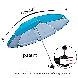 AMMSUN Chair Umbrella with Universal Clamp 43 inches UPF 50+,Portable Clamp on Patio / Beach Chair,Stroller,Sport chair,Wheelchair and Wagon,Bright Blue