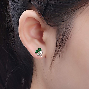 S925 Sterling Silver Heart Four Leaf Clover Shamrock Earrings for Women Irish Emerald Crystal Piercing Stud Charm Valentine ST Patricks Day Earring