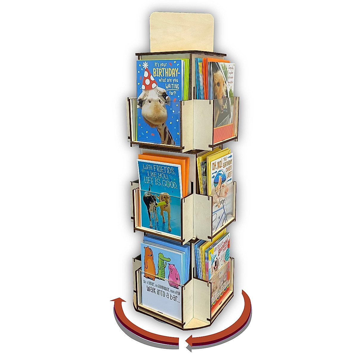 Rotating Greeting Card Display Stand, 3 Tier Wooden Organizer, 4-Sided Display Rack Spinning Multi-Pocket Display for Coasters, Stickers, Retail, Tradeshow - A4, A6, A7, 5"x7", 4 bar (Natural)