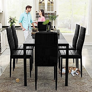 Recaceik Glass Dining Table Sets for 6, 7 Piece Kitchen Table and Chairs Set for 6 Person, Tempered Glass Table and PU Leather Chairs Modern Dining Room Sets for Small Dinette Apartment
