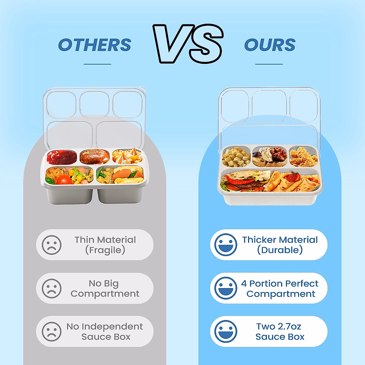 Yumuk Bento Box Adult Lunch Box (4 Pack) - 4-Compartment Snackle Box Container Bento Box for Kids/Adults, 44Oz/1300ML Meal Prep Containers Reusable with 2 Sauce Containers & Utensils (Wheat)