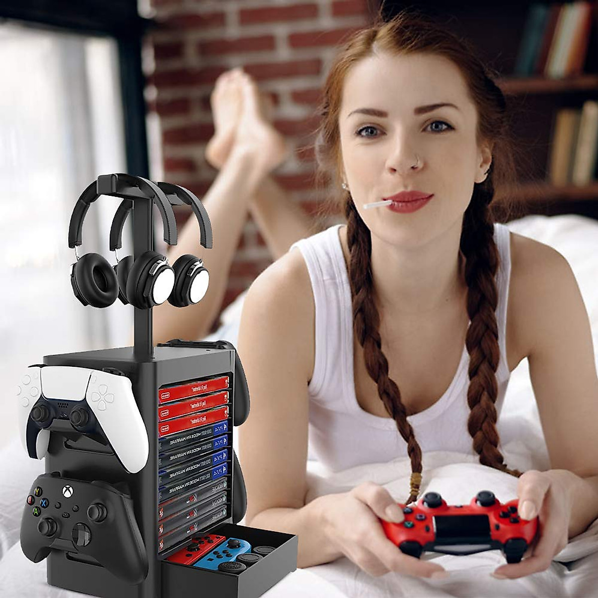 ASFSKY Game Organizer Storage Tower Game Controller Holder ABS Video Game Organizer Multifunctional Game Disk Rack Controller Organizer Headset Holder for PS5 PS4 Xbox Gamer Gifts