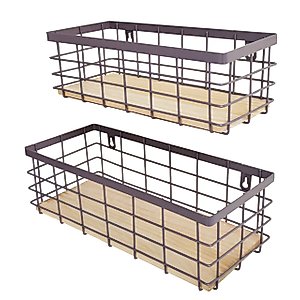 ShabbyDecor Metal Wire Basket Detachable Wood Base Storage Organizer Farmhouse Bin for Kitchen Cabinets, Bathroom, Pantry, Laundry Room, Closets Set of 2,Brown Color