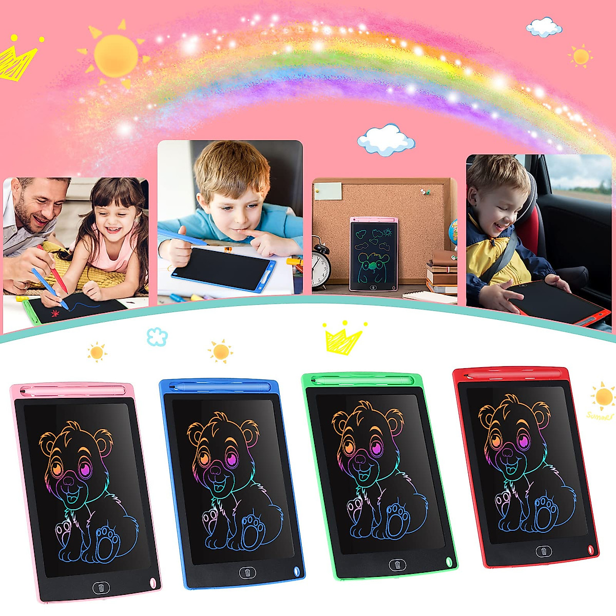 Zonon 4 Pcs LCD Writing Tablet for Kids 8.5 Inch Doodle Board Drawing Tablet Toddler Toys Gifts LCD Writing Board Electronic Erasable Reusable Writing Drawing Pad(Blue, Red, Green, Pink)