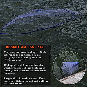 Drasry Saltwater Fishing Cast Net 3/8 and 1/4 Mesh with Heavy Duty Gray Sinker American Monofilament Fish Throw Net for Bait Trap 3FT 4FT 5FT 6FT 7FT 8FT 9FT Radius 3/8, 3FT Radius /90cm