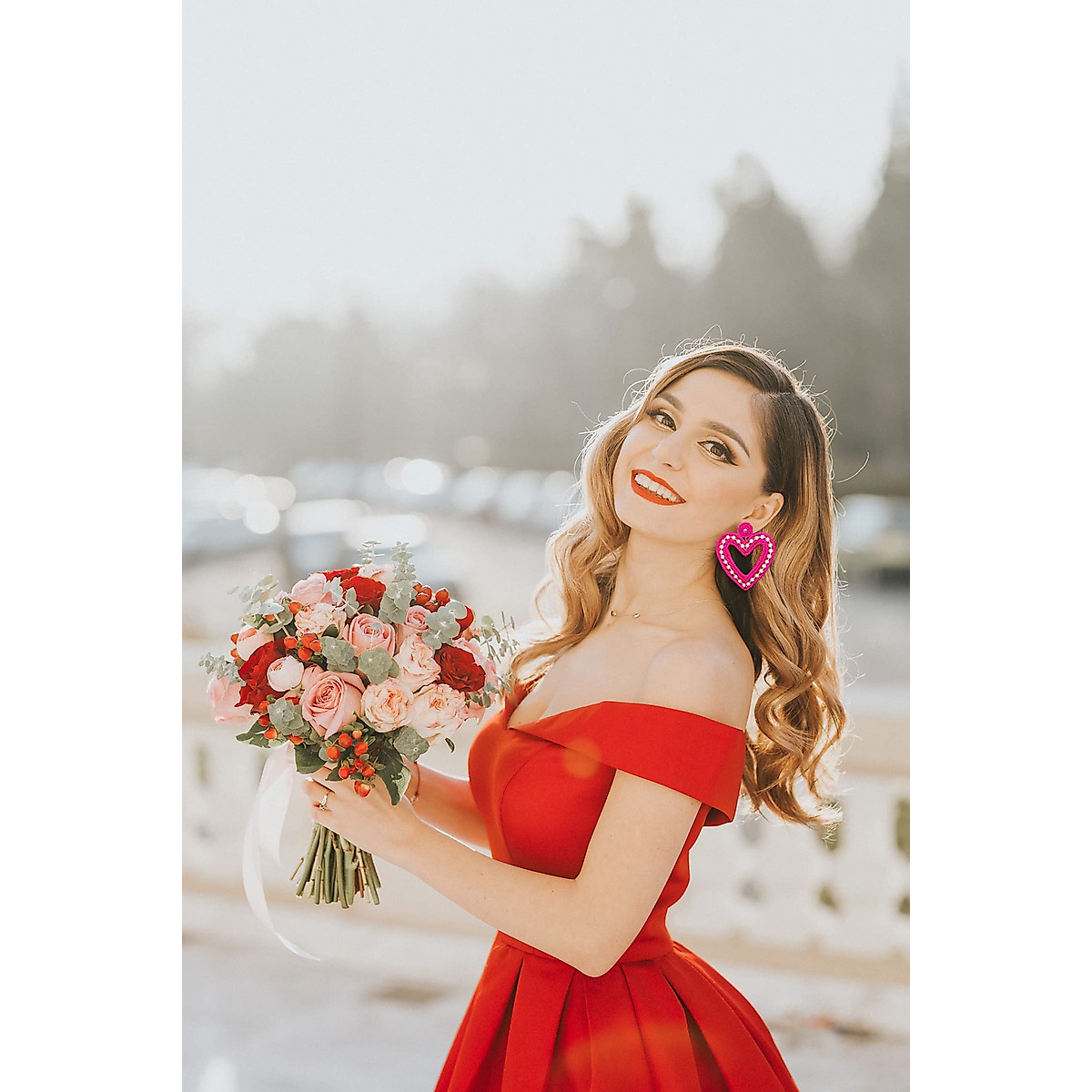 Valentines Heart Earrings Handmade Pearls Embellished Love Heart Beaded Earrings Fashion Trendy lightweight acrylic double heart Dangle Earrings for Women Valentine’s Dating Jewelry