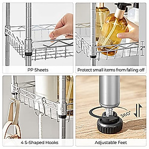 SONGMICS Metal Storage Shelves, 5-Tier Wire Shelving Unit, Kitchen Rack, Adjustable Shelves, 4 Hooks, Shelf Liners, 11.8 x 15.7 x 59.1 Inches, Total Load Capacity 220 lb, for Garage, Silver ULGR105E01