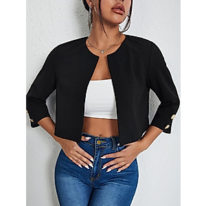WDIRARA Women's Open Front 3/4 Sleeve Button Cuff Crop Blazer Casual Jackets Black S