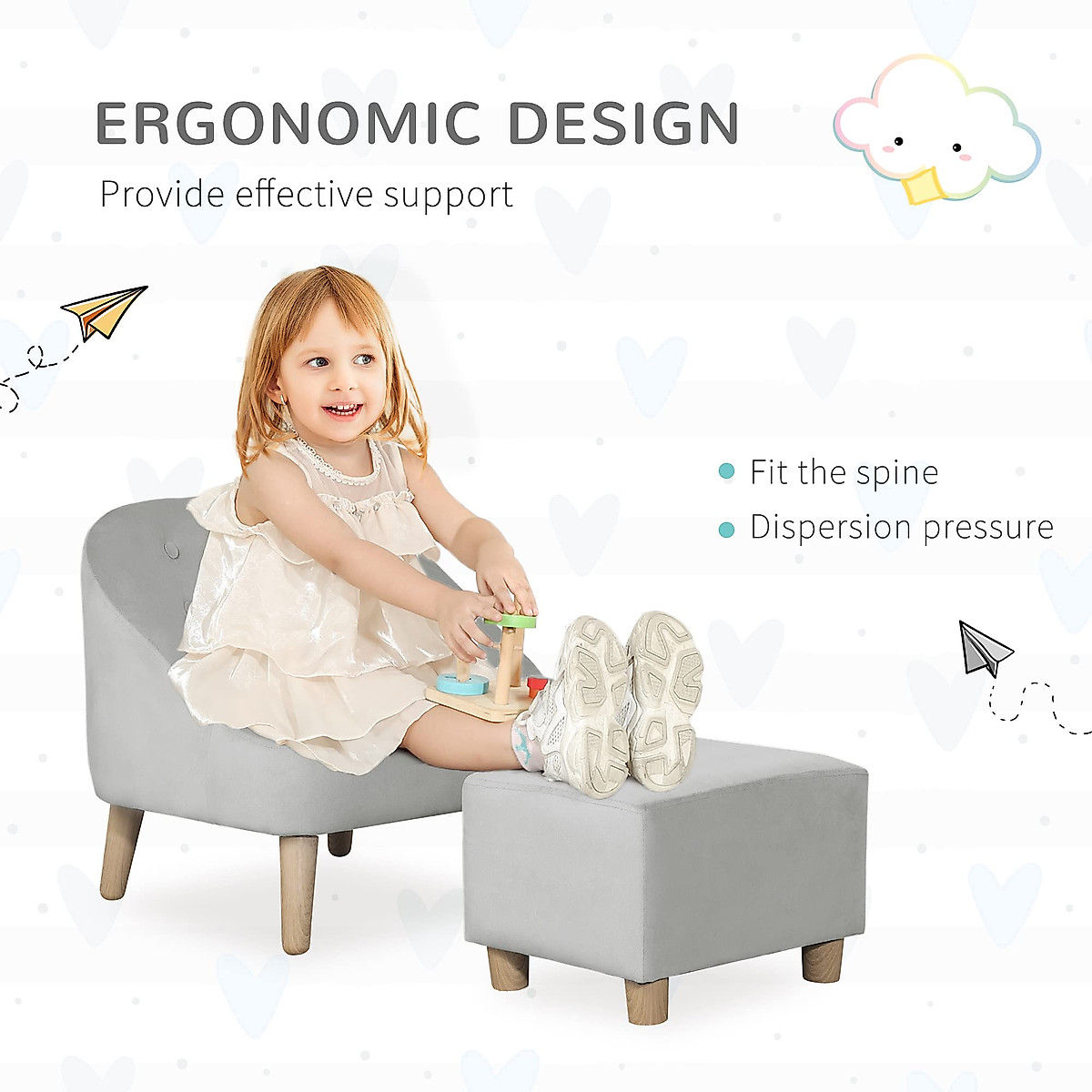 Qaba Kids Sofa Set, Toddler Chair, Sofa & Ottoman for Bedroom, Playroom, Children's Couch for 3-5 Years, Grey