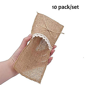 Topmodehome Burlap Cutlery Holders Lace Utensil Pouch Knifes Forks Bag for Vintage Natural Wedding (4x8inch, Rope Bow)