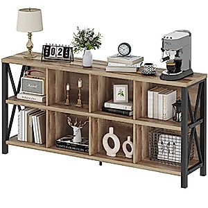 FATORRI 8 Cube Storage Organizer Bookshelf, Rustic Wood Cubby Bookcase, Industrial Horizontal Long Shelf for Living Room (Rustic Oak, 62 Inch)