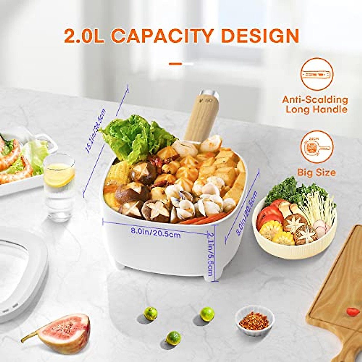 Audecook Hot Pot Electric 2L, Cermic Glaze Non-Stick Frying Pan 8 Inch, Portable Travel Cooker for Ramen/Steak/Fried Rice/Oatmeal/Soup, with Dual Power Control (Silicone Spatula Included)