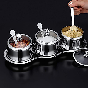 TENTA TENTA KITCHEN Gourmet Seasoning Box with Serving Spoons, Spice Jar Set Condiment Cruet Bottle, Kitchen Supplies,Nice Design for Kitchen (Stainless Steel With Glass Lids)
