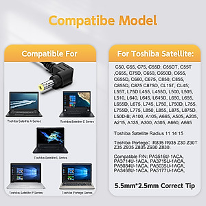 65W Laptop Charger for Toshiba Satellite C55 C55D C655 C855 C855D L55 L745 L655 L755 P755 S55 S55T A105 A215 A505 A665; PA3822U-1ACA, PA3917U-1ACA, PA5177U-1ACA, PA5178U-1ACA Power Supply Cord