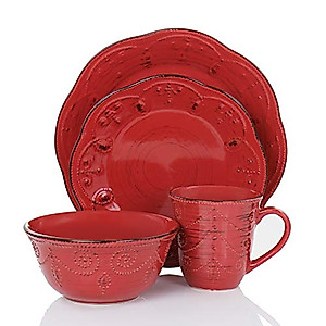 Elama Embossed Scalloped Round Stoneware Dinnerware Dish Set, 16 Piece, Red with Brown Accents