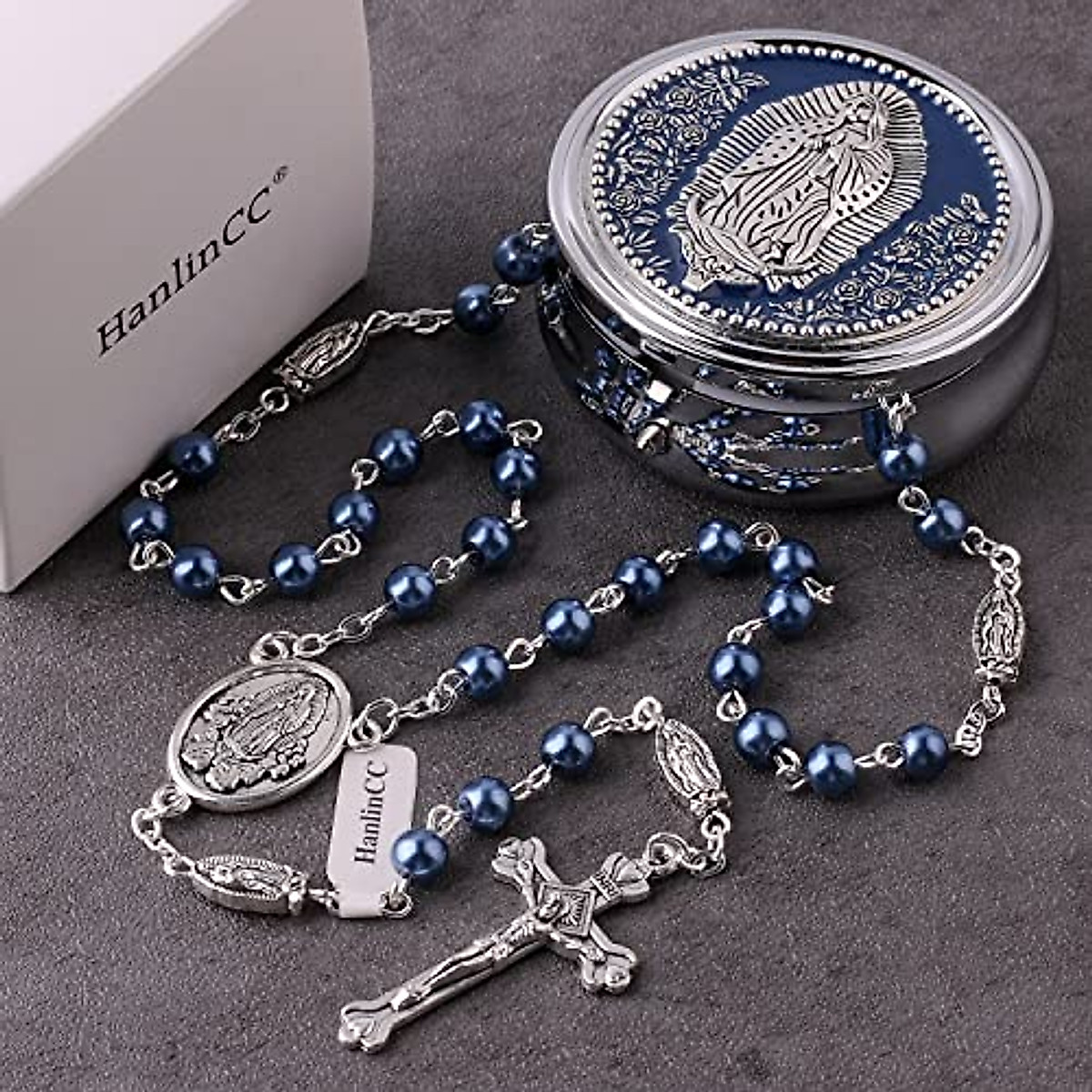 HanlinCC 6mm Glass Pearl Beads Catholic Our Lady of Guadalupe Rosary Necklace for Women and Men with Metal Gift Box (Guadalupe Rosary Blue, Zinc Alloy)